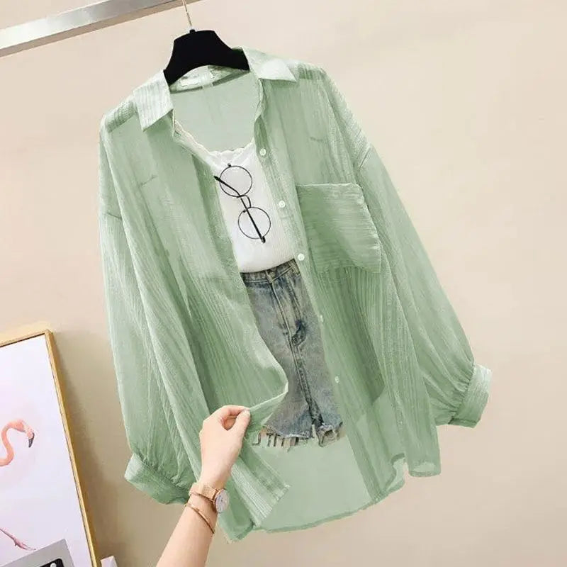 Summer Sunscreen Shirt Elegant Perspective Thin Chiffon Blouse Korean ...
